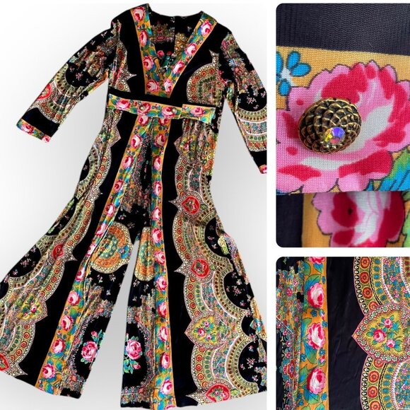 Vintage | Pants & Jumpsuits | Vintage 7s Floral Wide Leg Jumpsuit With ...